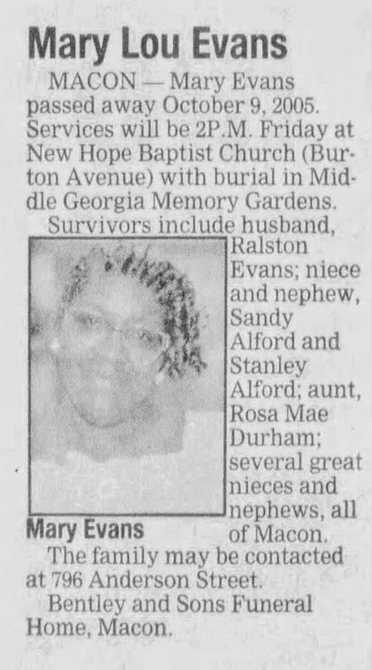 Mary Lou Morris (Evans) (Deceased), Macon, GA Georgia